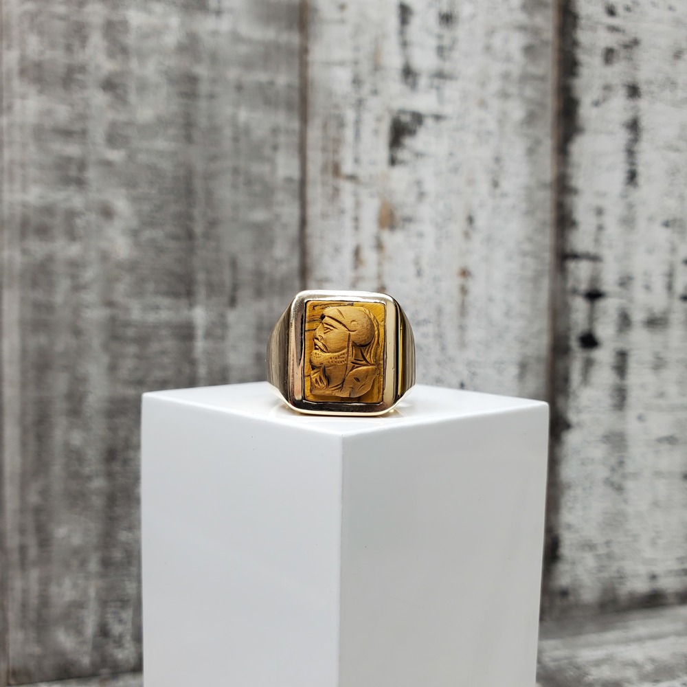 14K Heavy Roman Soldier Intaglio Tiger Eye Ring | Dynasty Jewelry and Loan