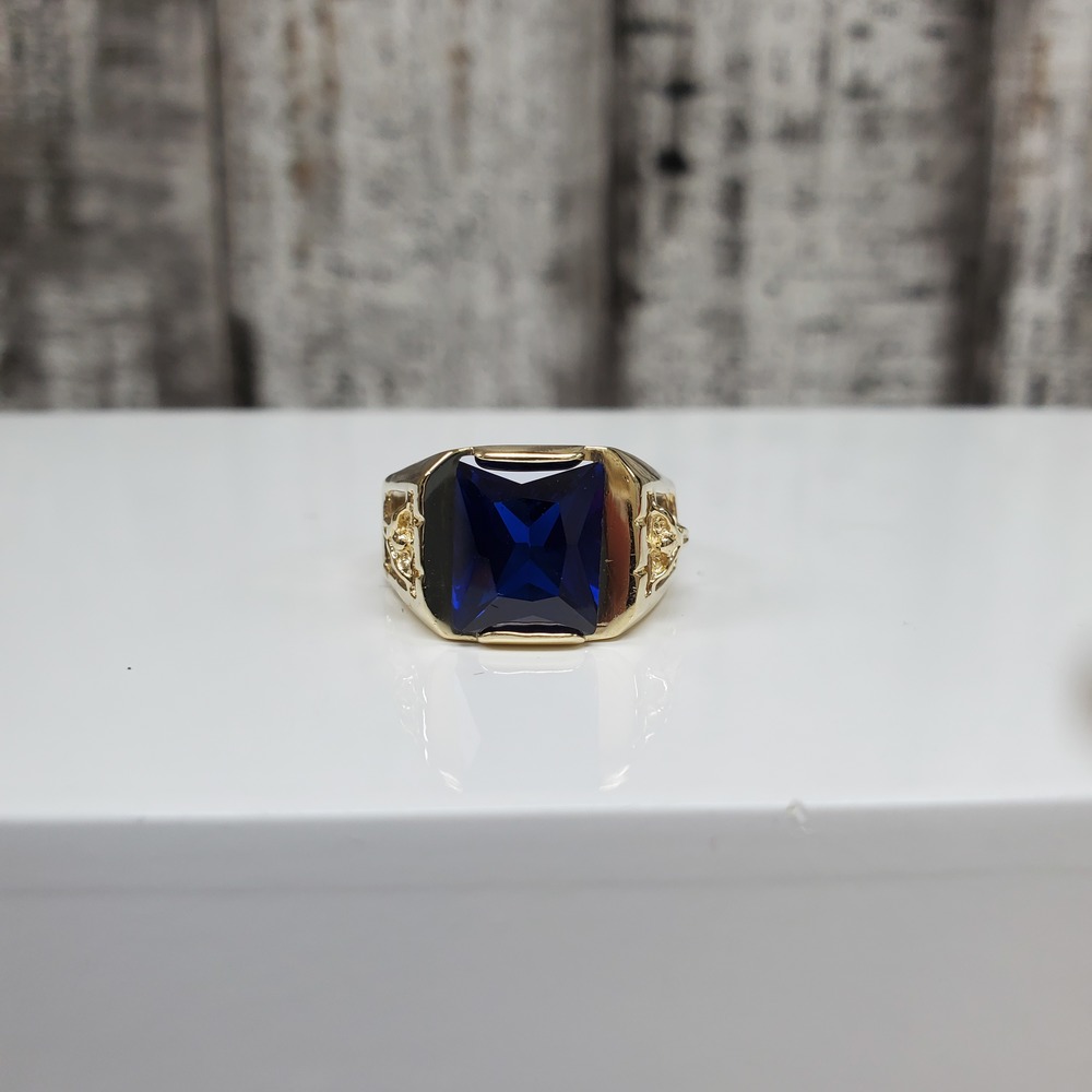 10K Large Blue Stone Ring w/ Jesus Crucifix on Side Religious Ring ...