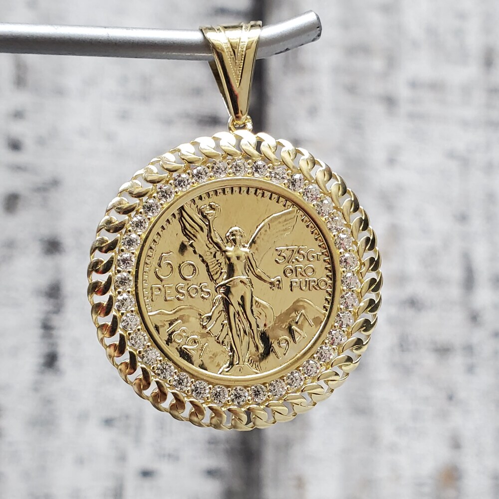 14K REPLICA Centenario Design CZ Curb Link Bezel Coin Pendant | Dynasty ...