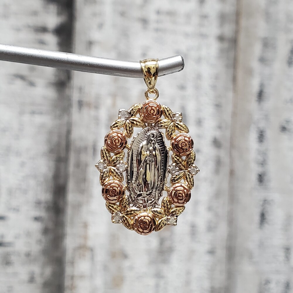10K Tricolor Virgin Mary Religious Pendant w/ Flowers Roses | Dynasty ...